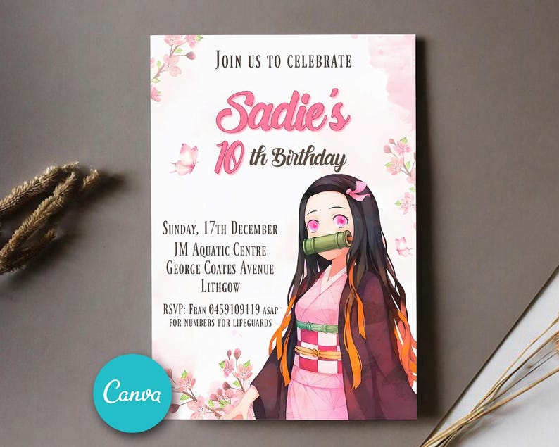 Demon Slayer Birthday Invitation, Anime Girls Party Invite, Editable ...