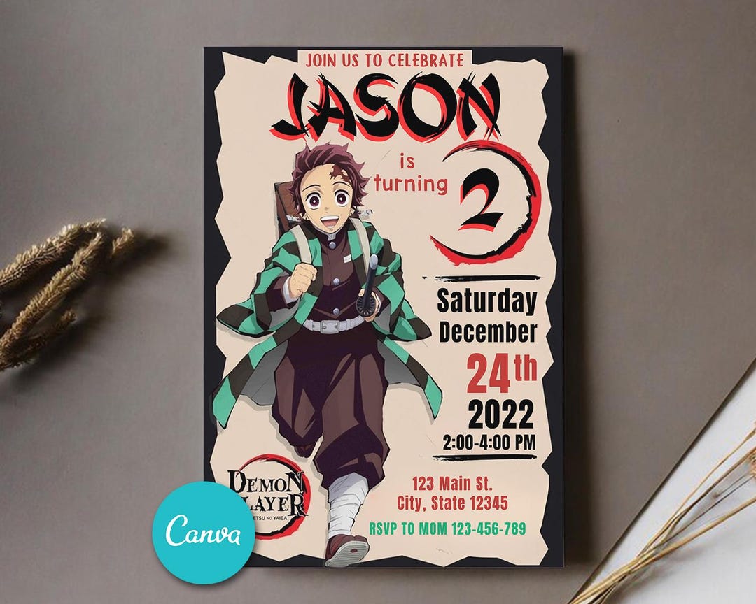 Demon Slayer Birthday Invitation, Anime Kids Party Invite, Editable ...