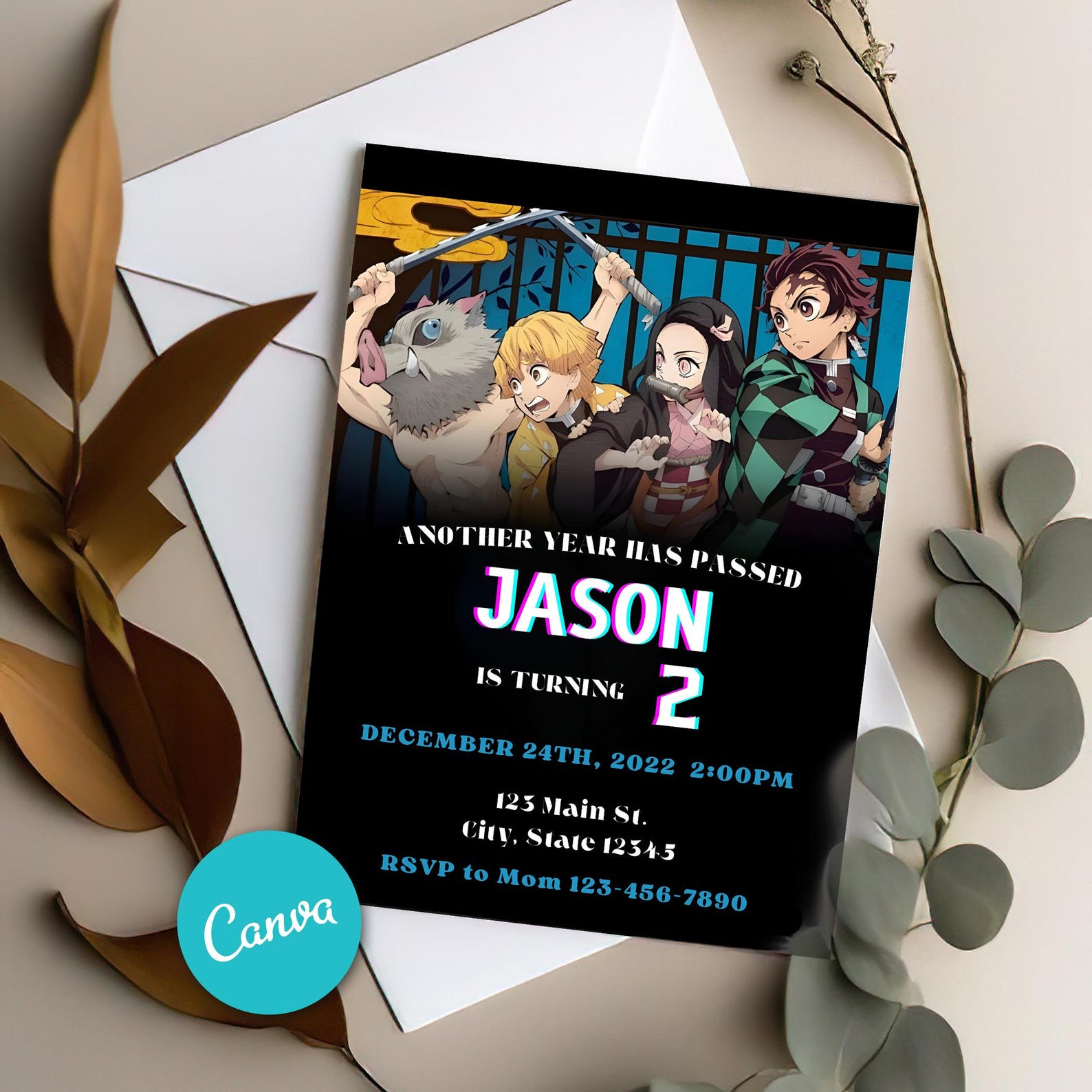 Demon Slayer Birthday Invitation, Anime Kids Party Invite, Editable ...