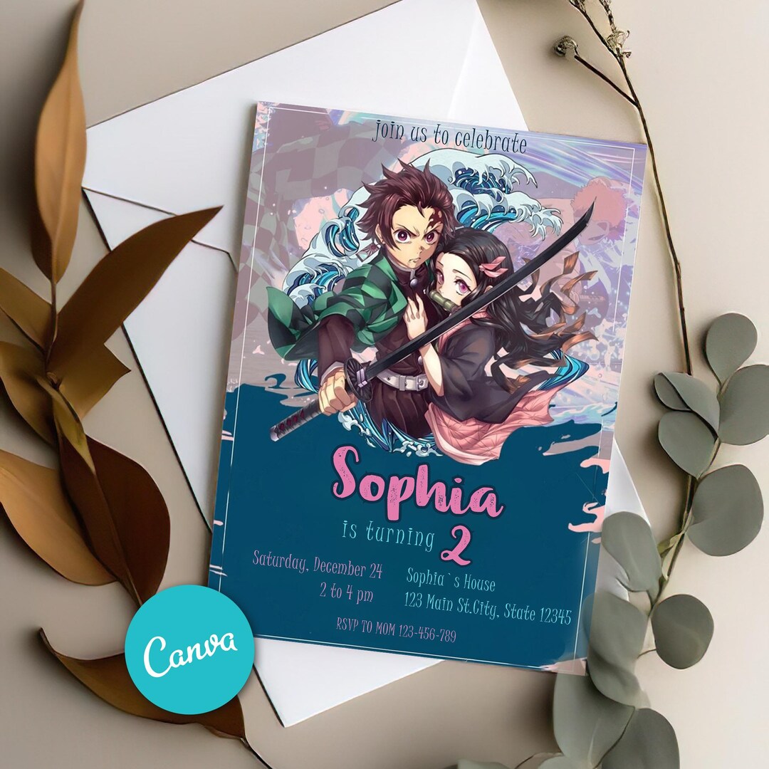 Demon Slayer Birthday Invitation, Anime Kids Party Invite, Editable ...