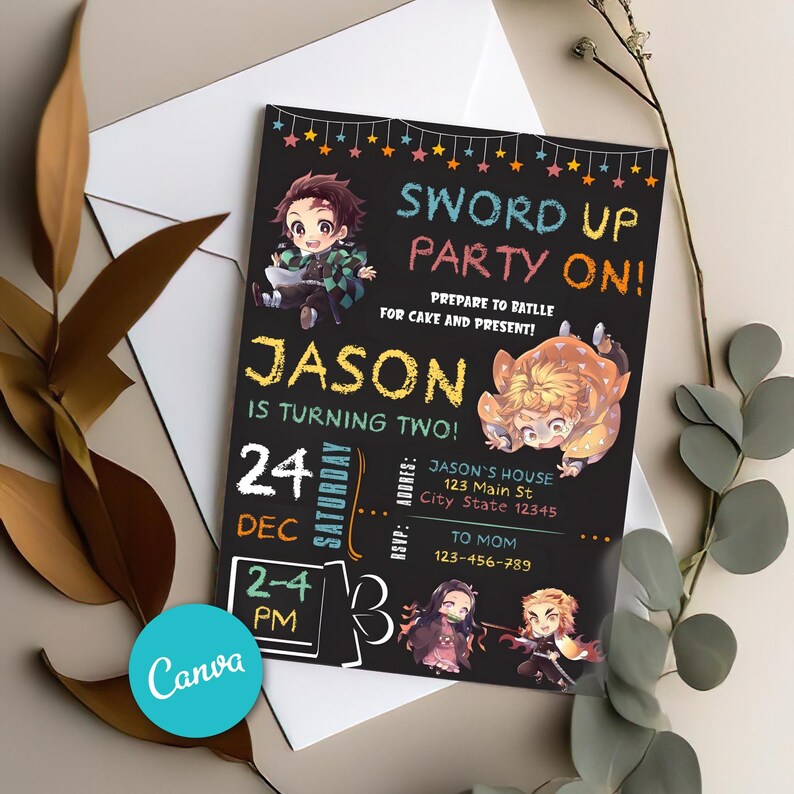 Demon Slayer Birthday Invitation, Anime Kids Party Invite, Editable ...