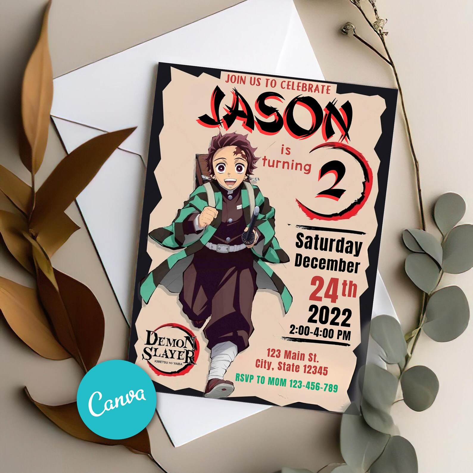 Demon Slayer Birthday Invitation, Anime Kids Party Invite, Editable ...
