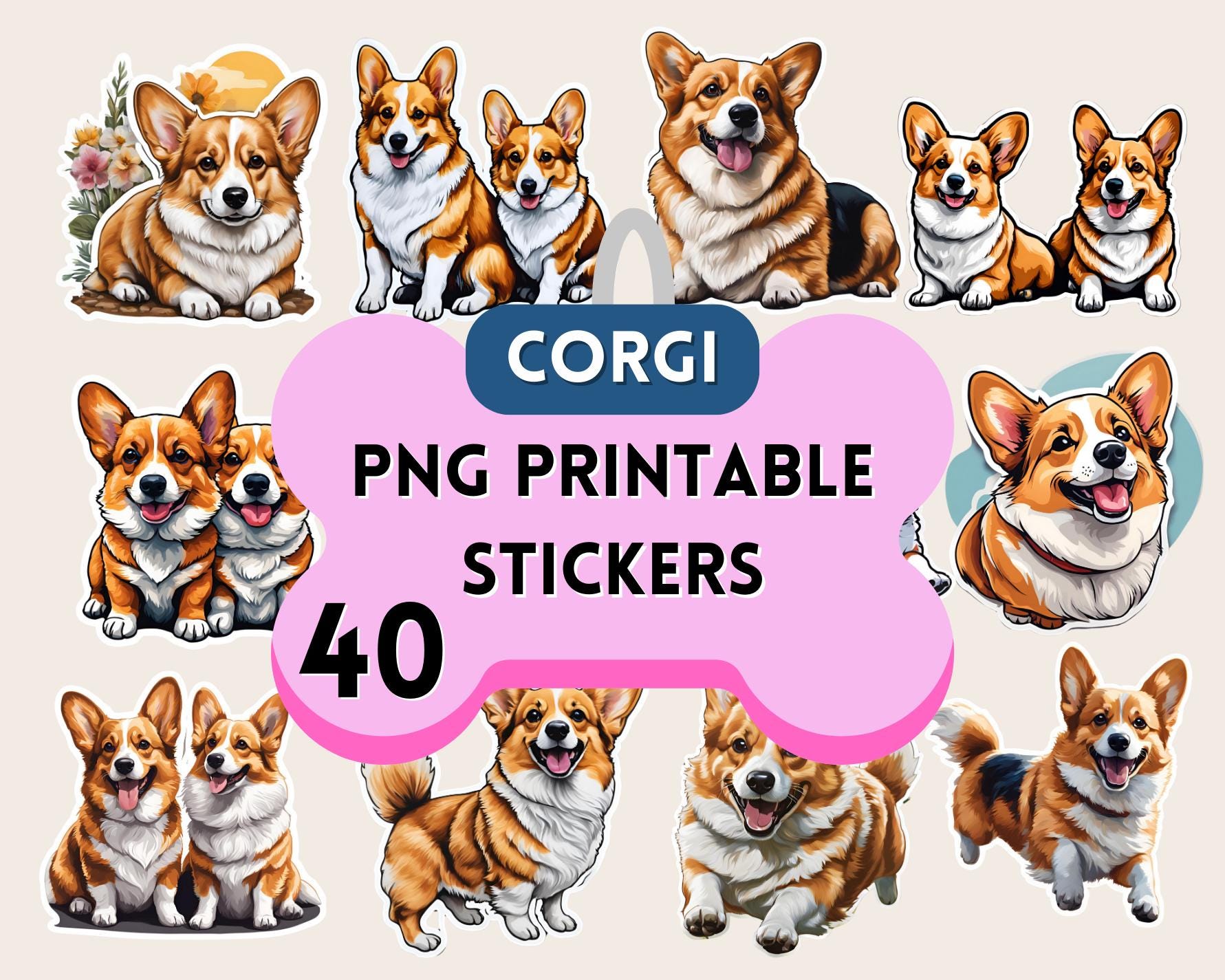 Corgi Clipart Bundle - 40 PNG Cute Adorable Puppy Stickers, Cute Dog ...