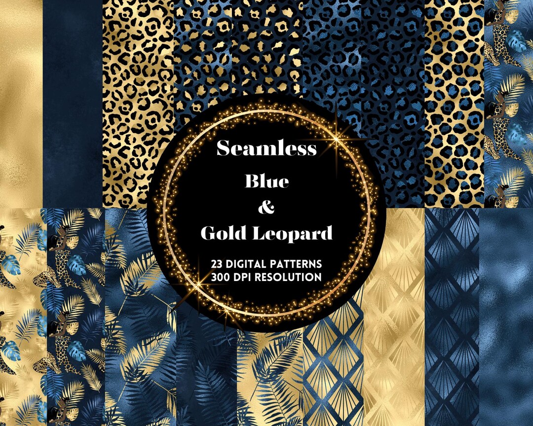 Blue and Gold Animal Print Seamless Patterns Collection-watercolor ...