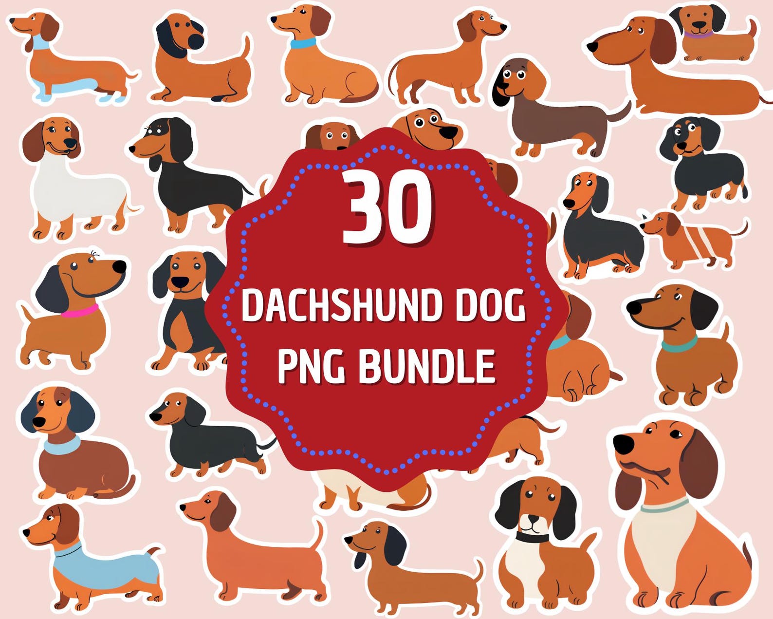 Dachshund Clipart Bundle - 30 PNG Cute Adorable Puppy Stickers, Cute ...