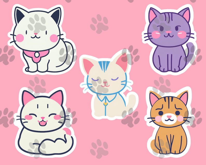 Kawaii Cats Stickers Clipart PNG Cute Cats Clipart Set High Quality ...