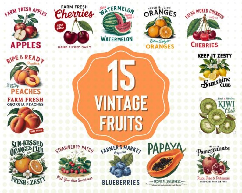 Vintage Bundle Fruits Clipart, Fruit Watercolor Flowers and Trees, Food ...