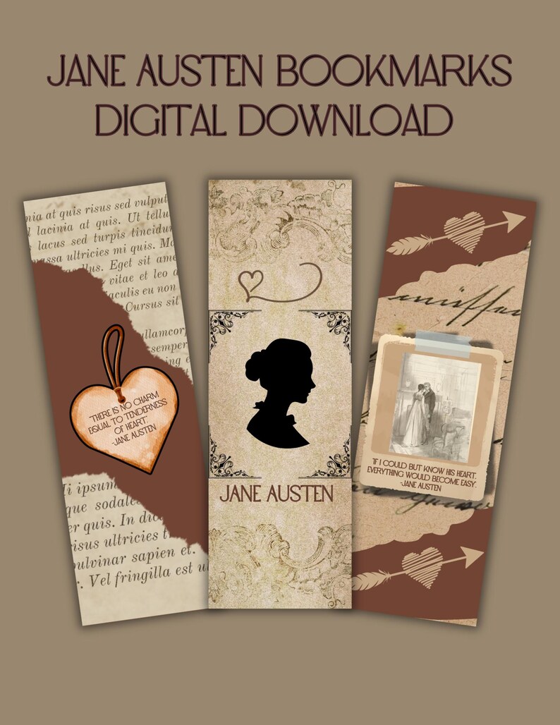 Literary Gifts - Jane Austen Bookmarks Printable Art - Instant Download ...