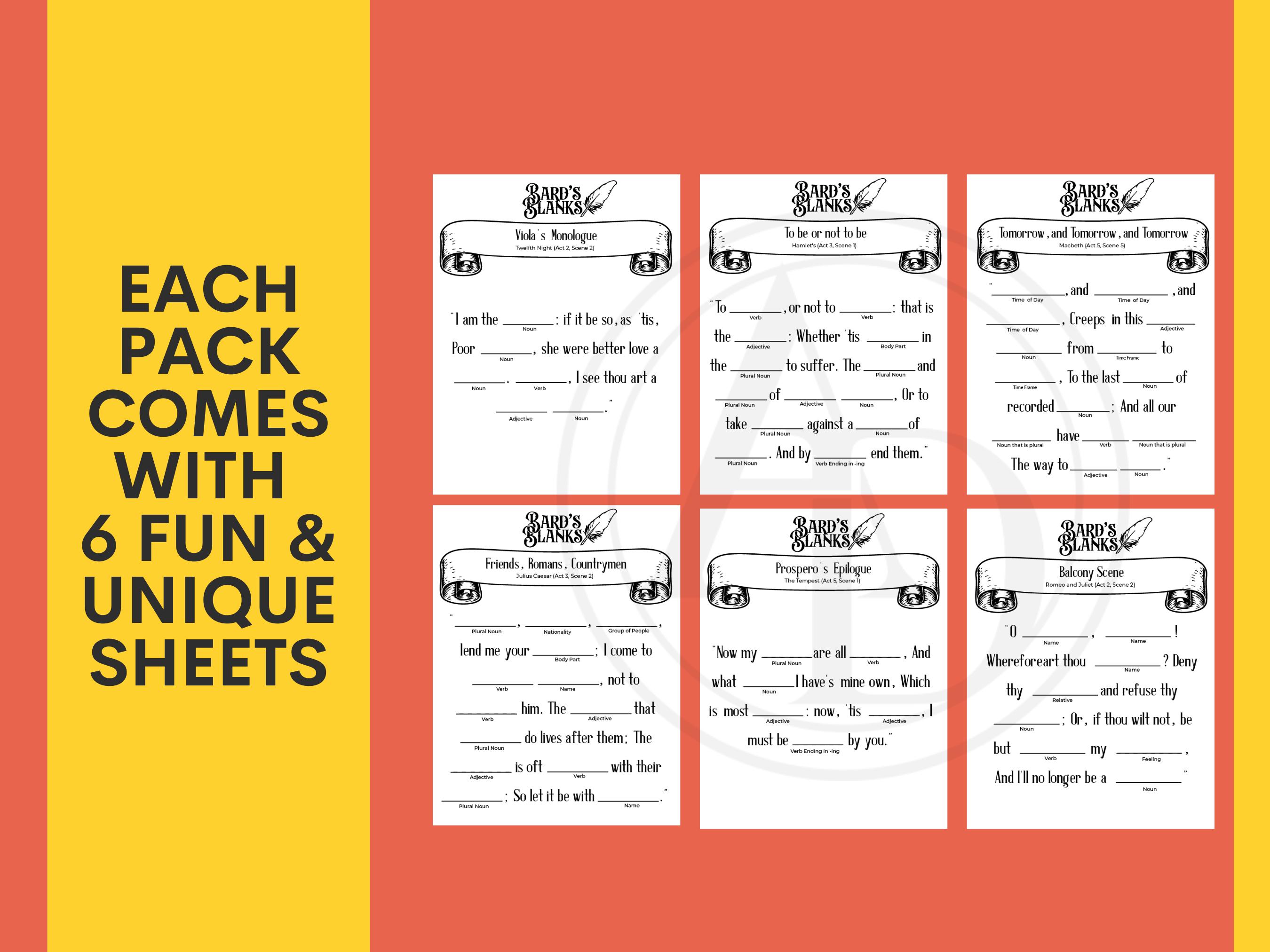 Shakespeare Mad Libs- 6 Activity Sheets - Instant Download - - Etsy