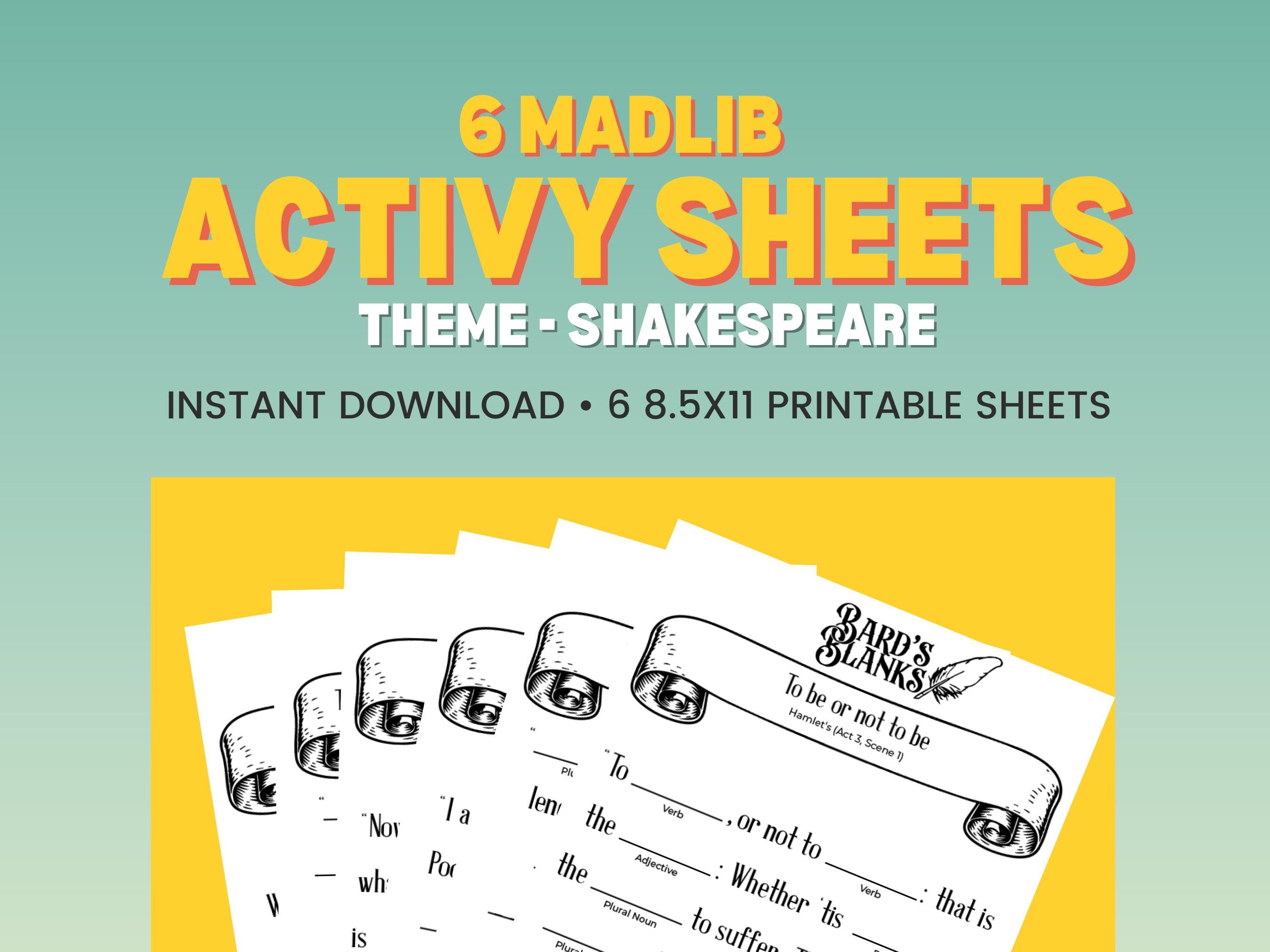 Shakespeare Mad Libs- 6 Activity Sheets - Instant Download - - Etsy