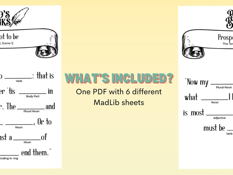 Shakespeare Mad Libs- 6 Activity Sheets - Instant Download - - Etsy