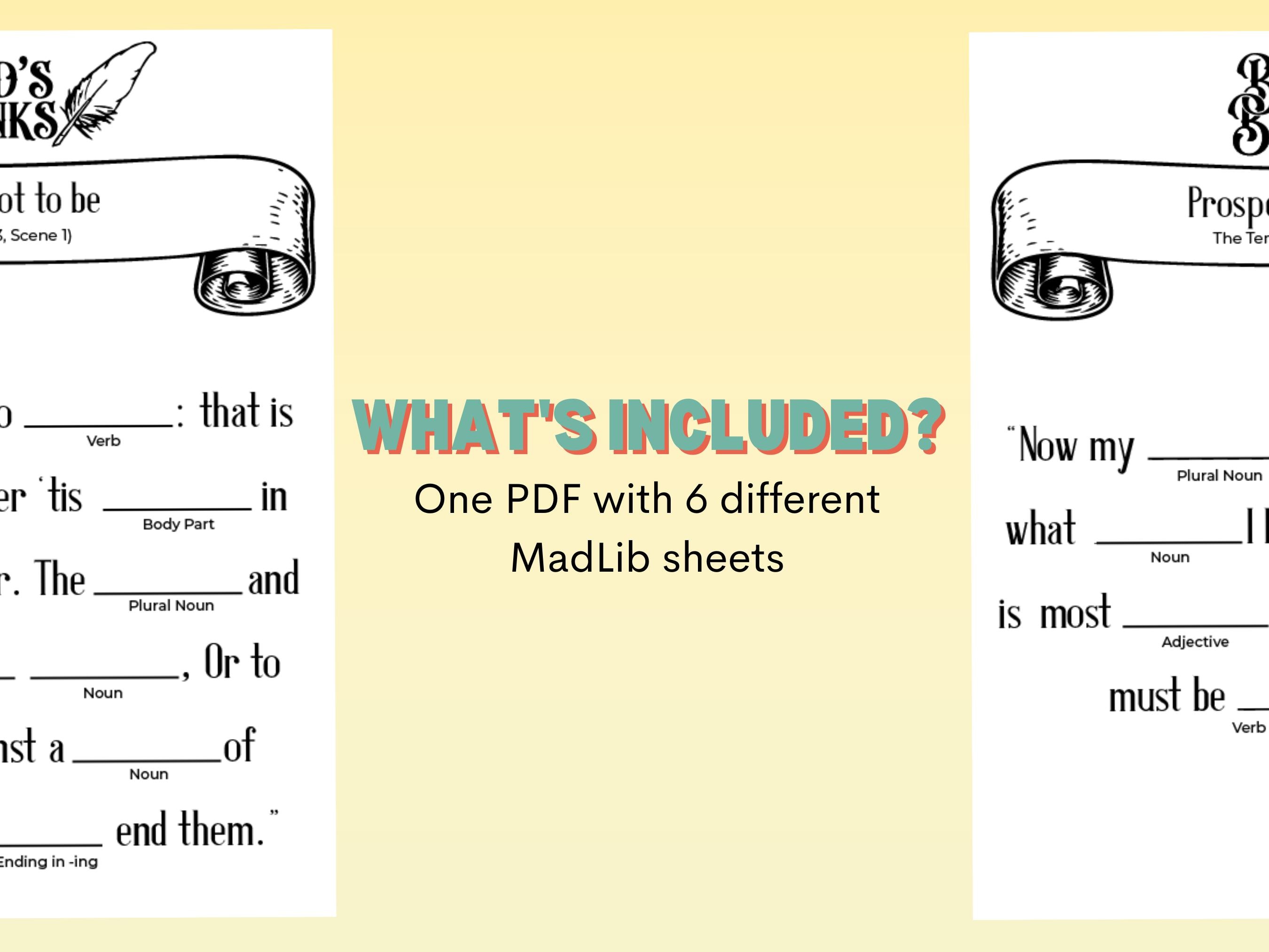 Shakespeare Mad Libs- 6 Activity Sheets - Instant Download - - Etsy