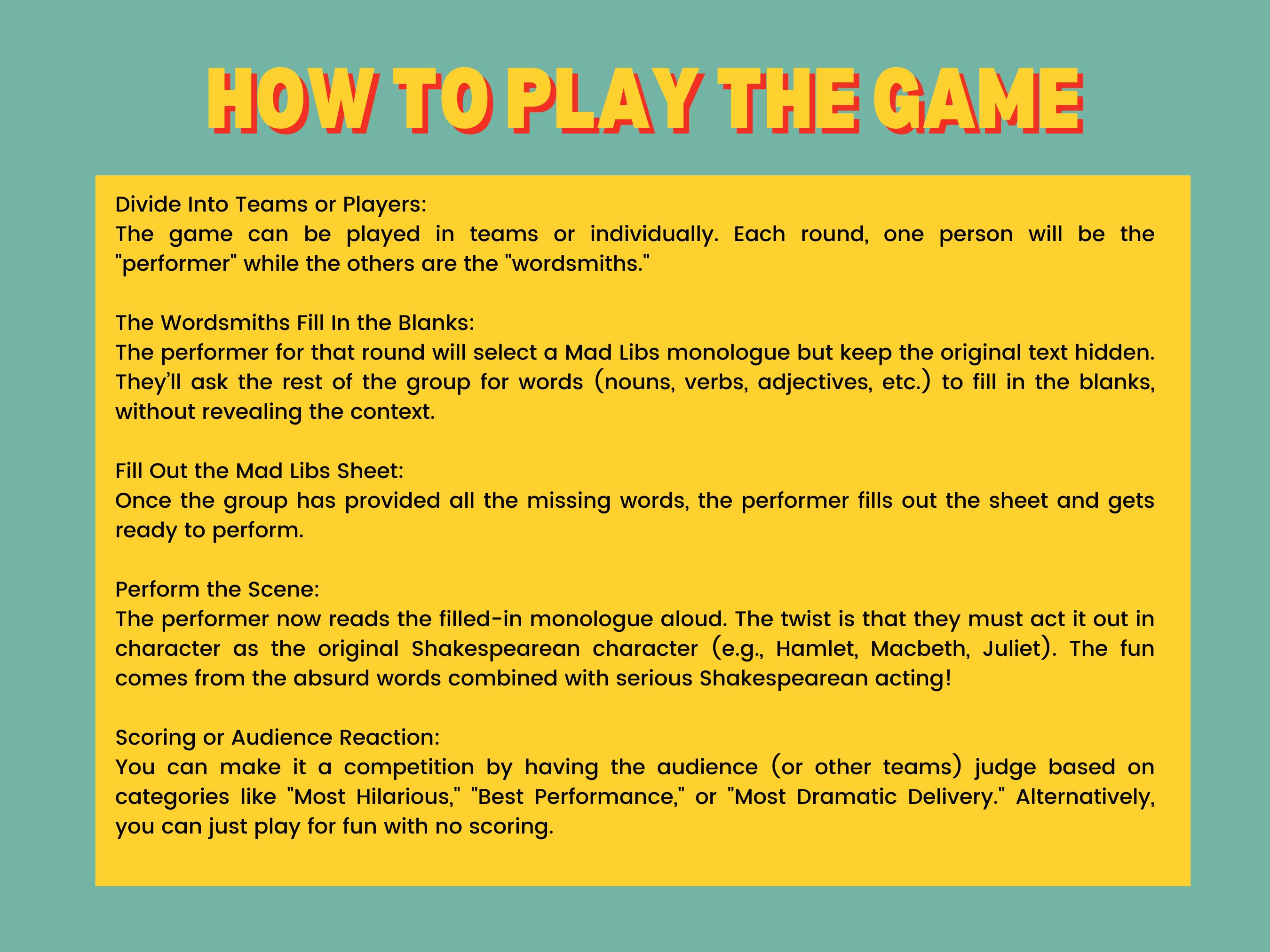Shakespeare Mad Libs- 6 Activity Sheets - Instant Download - - Etsy