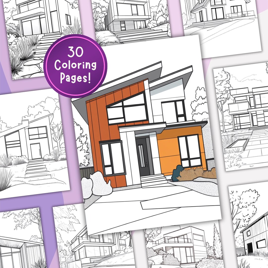 Modern House Coloring Page, Digital Download, Printable Sheet, Stress ...