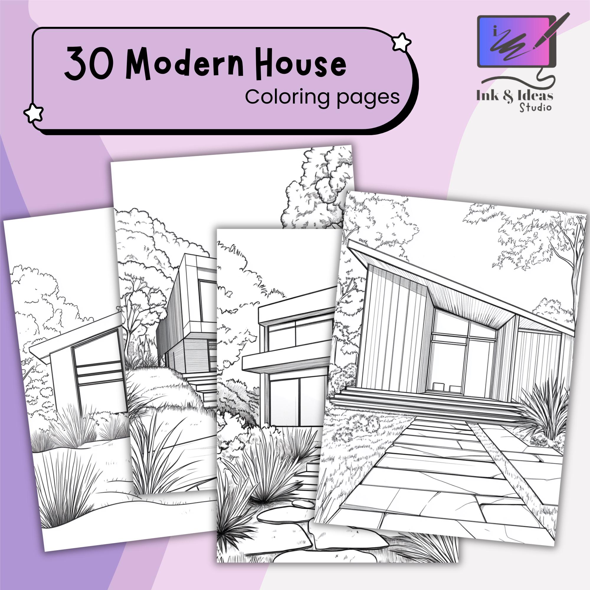 Modern House Coloring Page, Digital Download, Printable Sheet, Stress ...