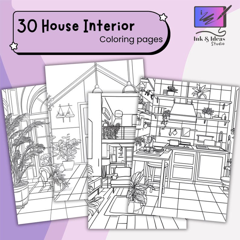 House Interior Coloring Page, Digital Download, Printable Sheet, Stress ...