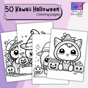 Kawaii Halloween Coloring, Digital Coloring Page for Kids, Instant ...