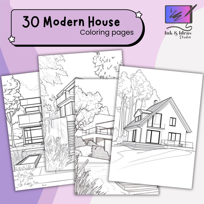 Modern House Coloring Page, Digital Download, Printable Sheet, Stress ...
