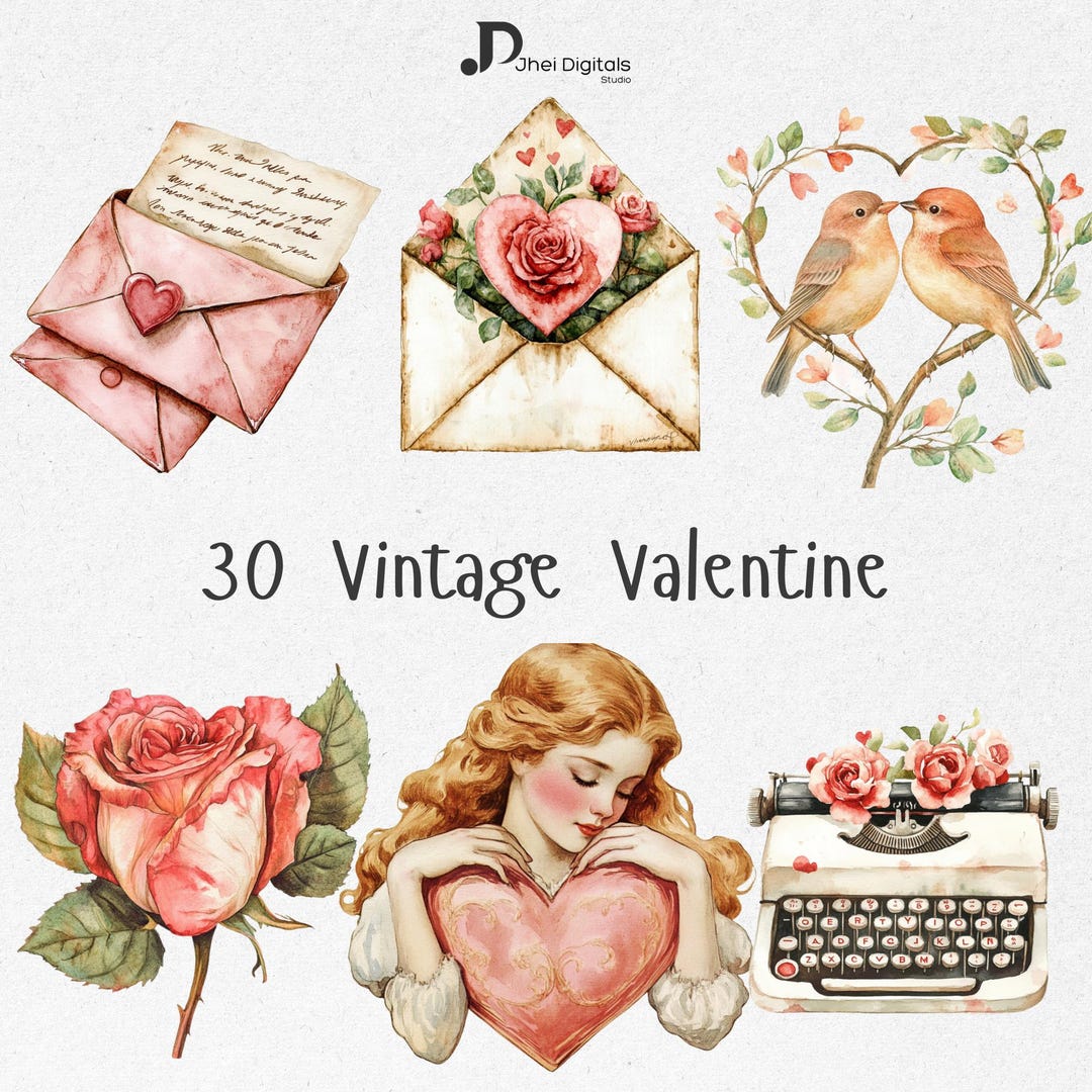 Vintage Valentines Clipart Bundle, Retro Valentine PNG Set, Antique ...