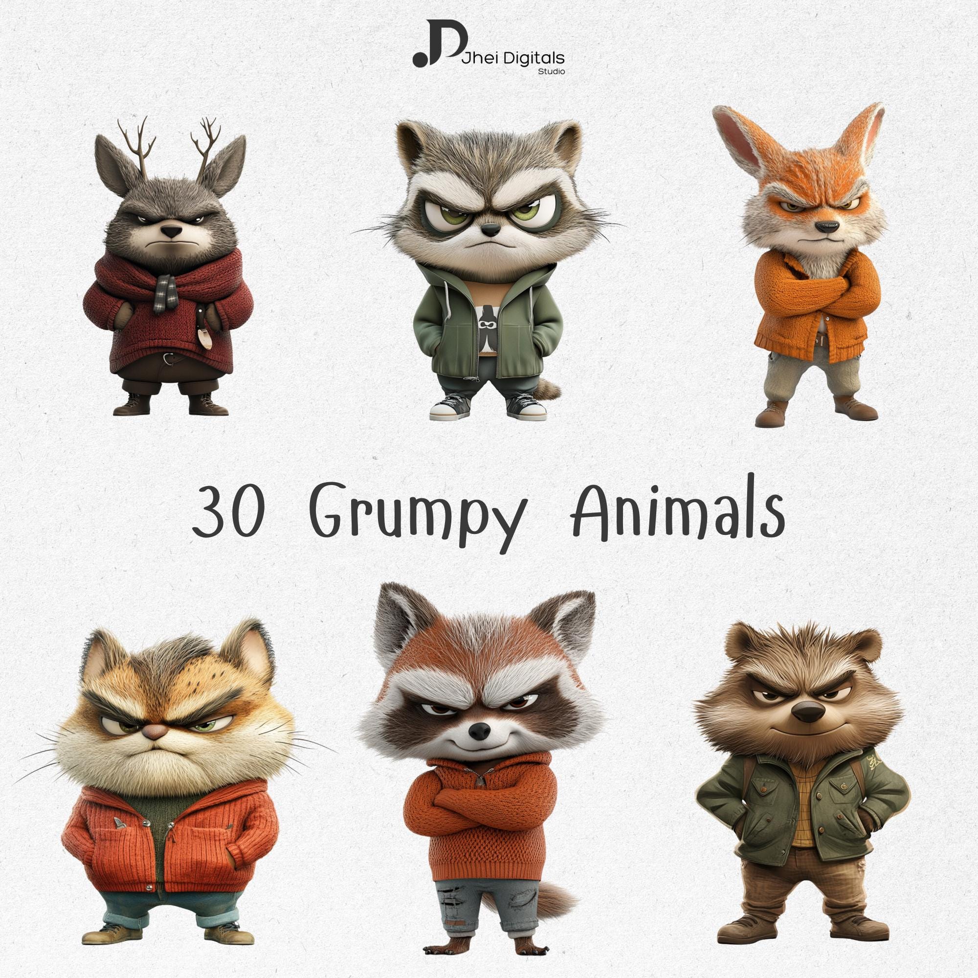 Grumpy Animals Clipart Bundle, Funny Moody Animal PNG Set, Cute Angry ...