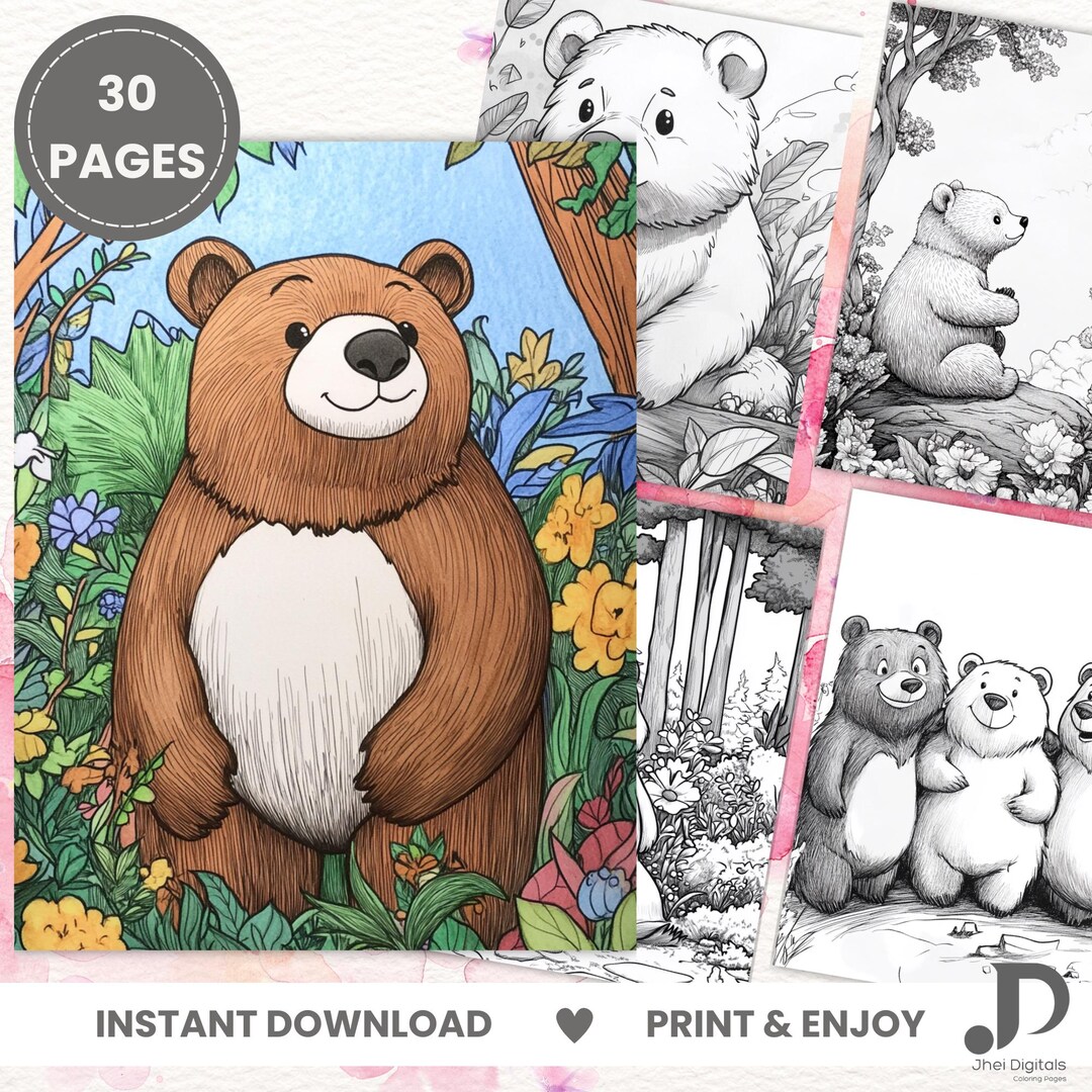 Cute Bear Coloring – Cartoon Bear, Printable, Instant Download, Digital ...