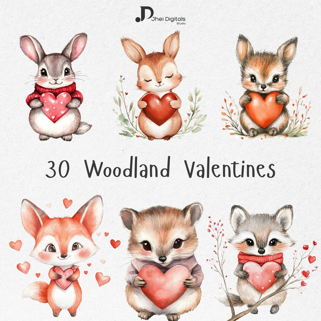 Woodland Valentine Clipart Bundle, Cute Forest Animals Valentine PNG ...