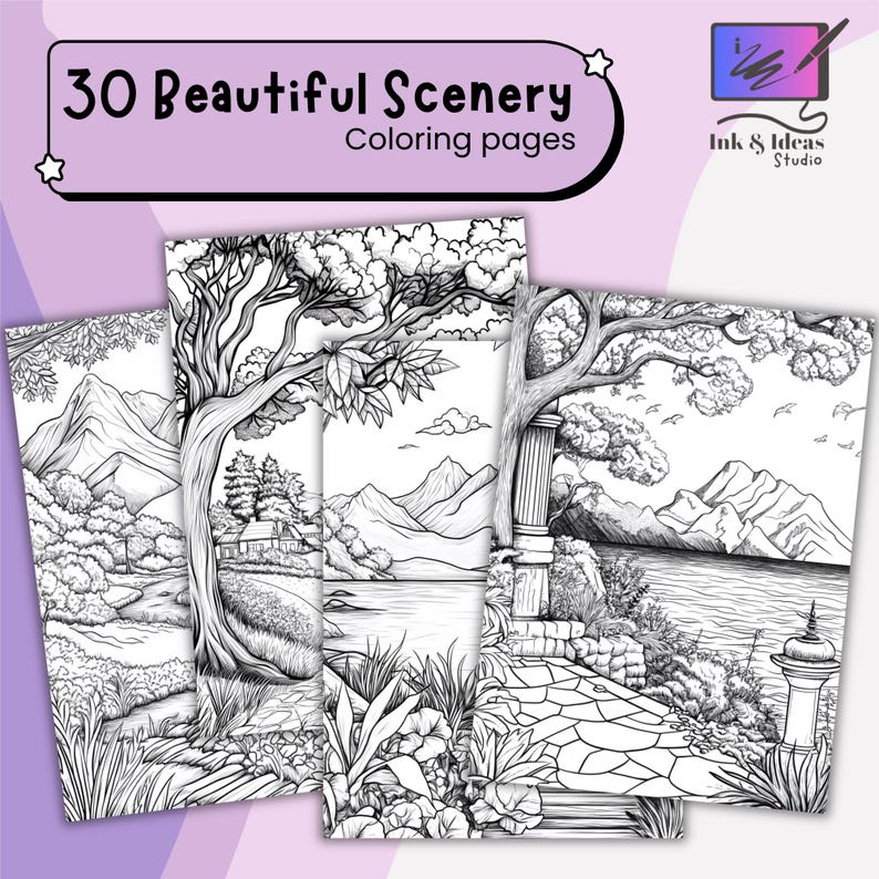Beautiful Scenery Coloring Page, Digital Download, Printable Sheet ...