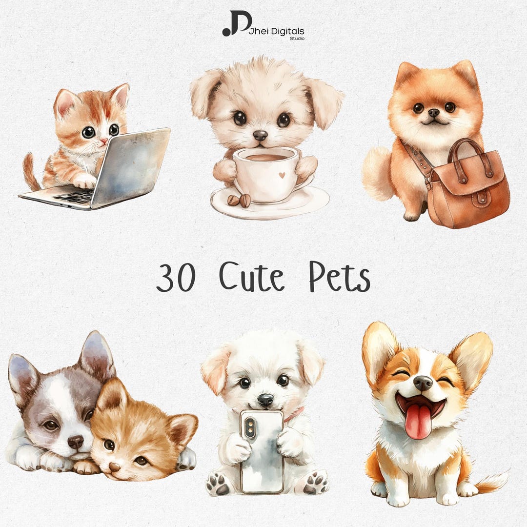 Cute Pets Clipart Bundle, Adorable Pet PNG Set, Puppy and Kitten ...
