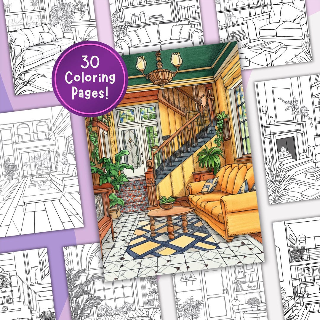House Interior Coloring Page, Digital Download, Printable Sheet, Stress ...