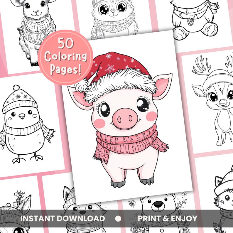 Christmas Kawaii Animal Coloring Page, Digital Download, Printable ...