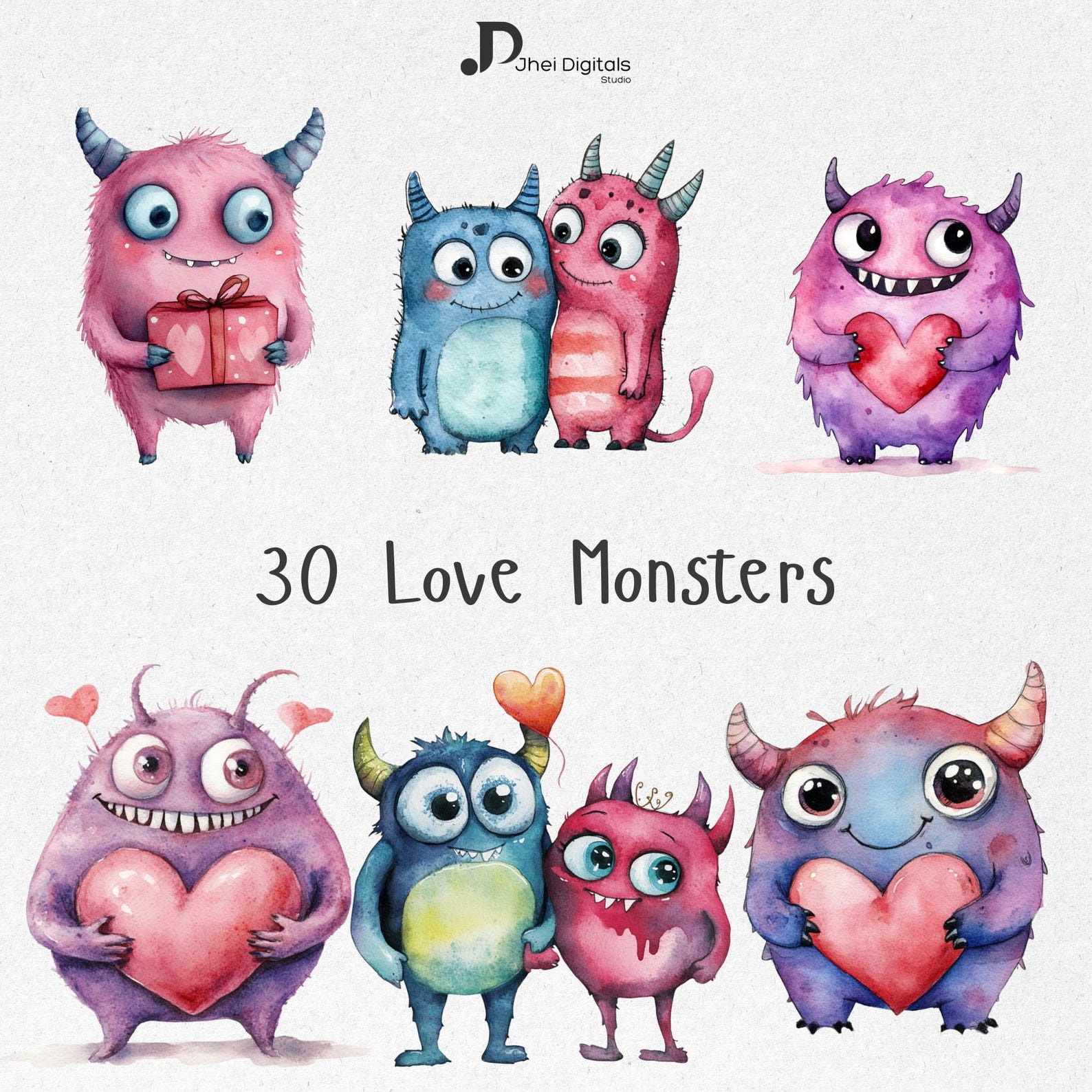 Love Monsters Clipart Bundle, Cute Monster Valentine PNG, Adorable ...