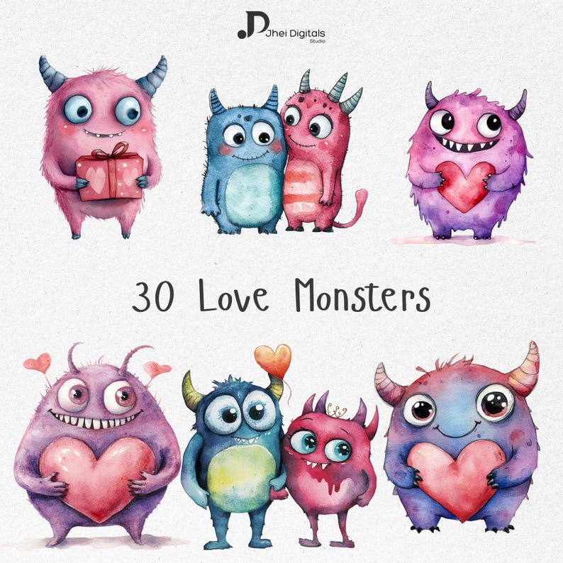 Love Monsters Clipart Bundle, Cute Monster Valentine PNG, Adorable ...