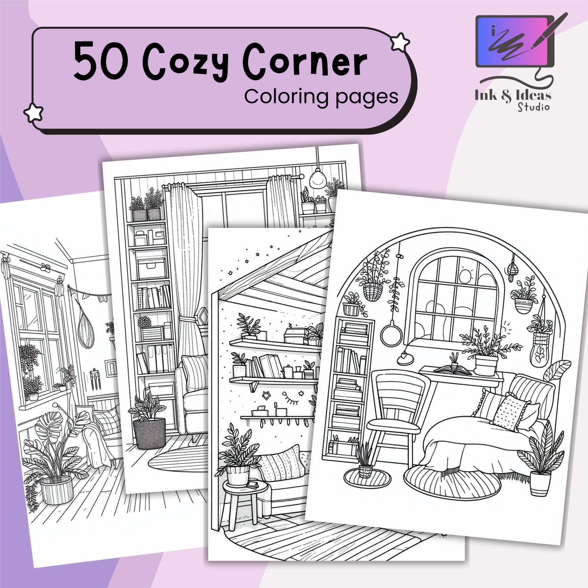 Cozy Corner Coloring Page for Kids and Adults, Cozy Interior, Instant ...