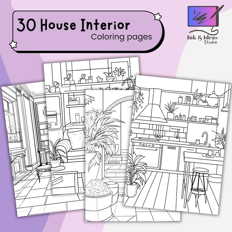 House Interior Coloring Page, Digital Download, Printable Sheet, Stress ...