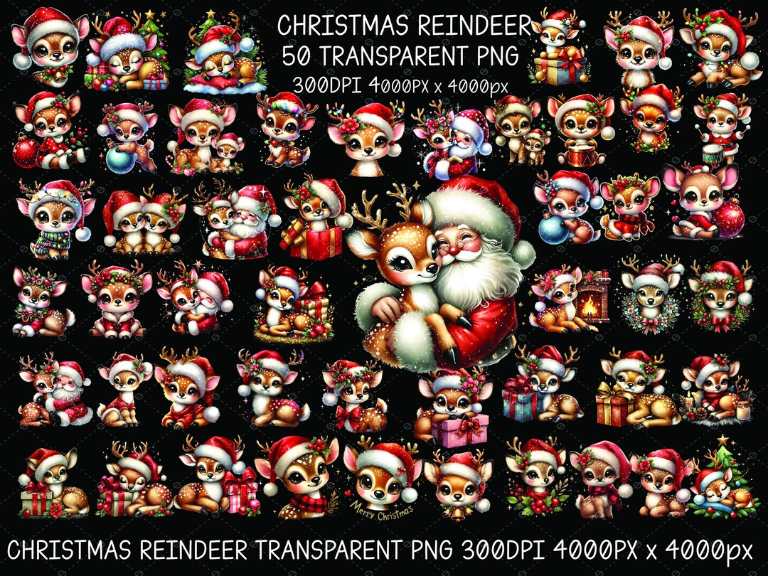 50 Reindeer Christmas PNG Clipart Bundle, Watercolor Reindeer Png ...