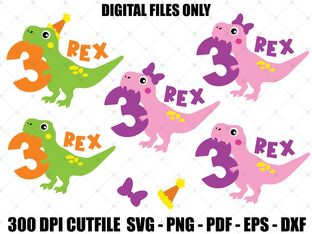 Three Rex Birthday Boy Girl Svg, 3rd Birthday Boy Girl Dinosaur Themed ...