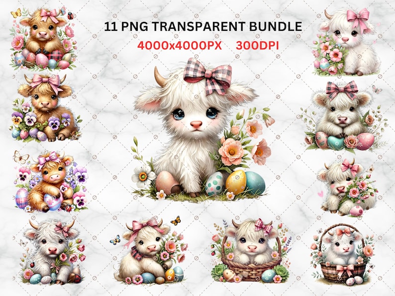 Cute Highland Cow PNG Bundle | Cute Farm Animal Easter Clipart | Floral ...