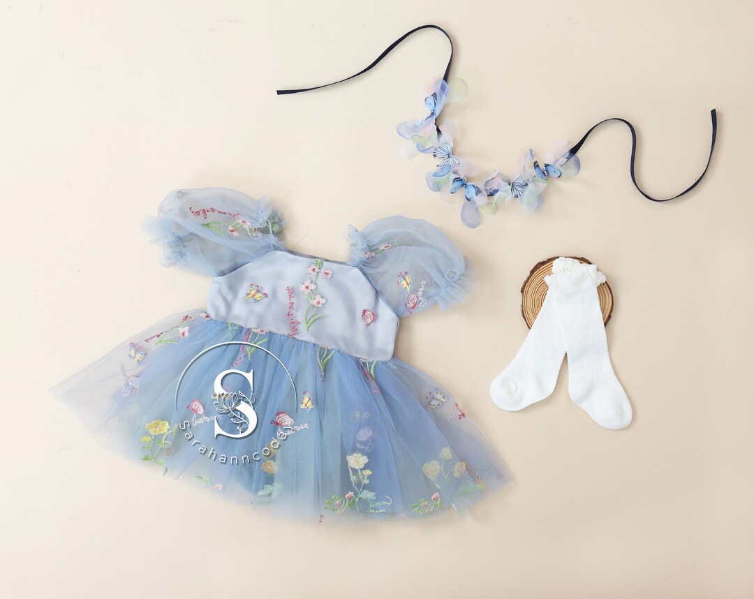 Dusty Blue Elegant Short Sleeves Enchanted Rose Fairy Floral Spring ...