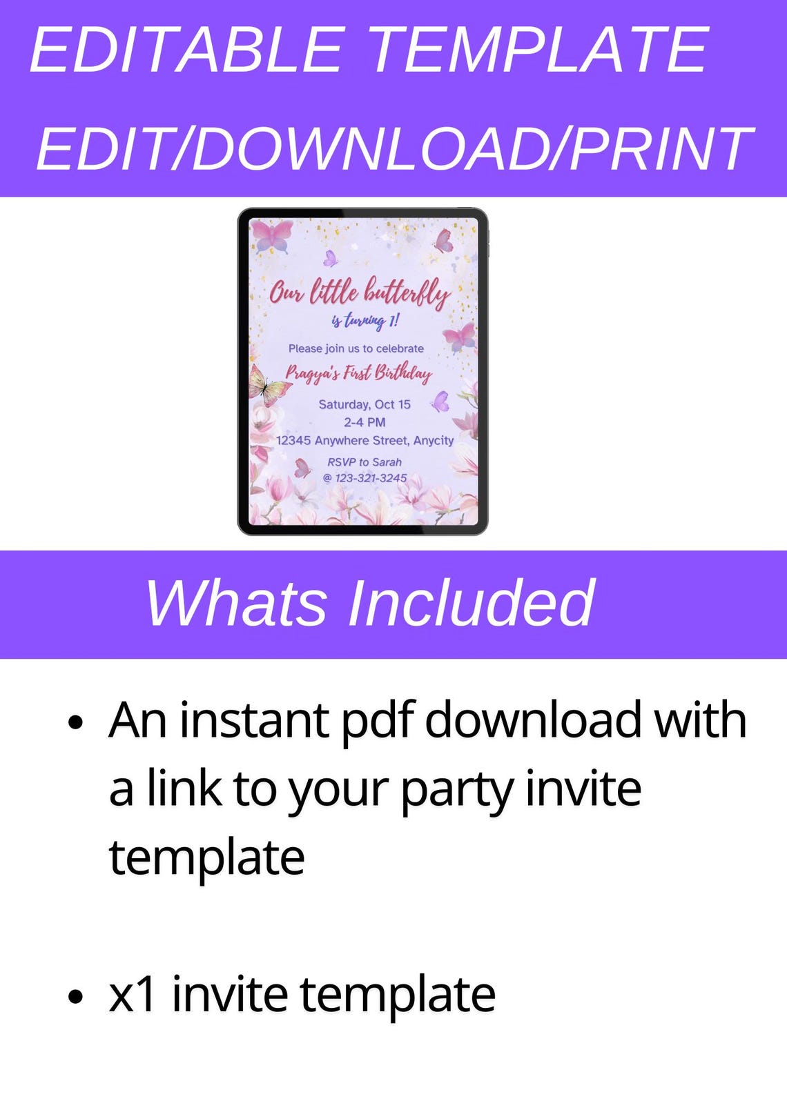 EDITABLE Butterfly Birthday Invitation Template, Pink Purple Butterfly ...