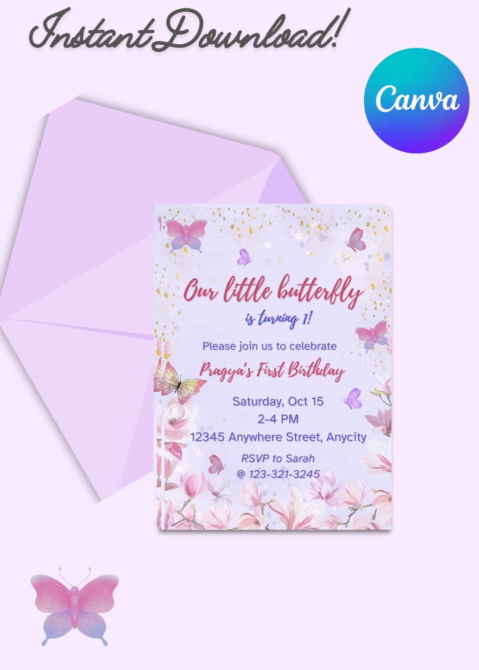 EDITABLE Butterfly Birthday Invitation Template, Pink Purple Butterfly ...