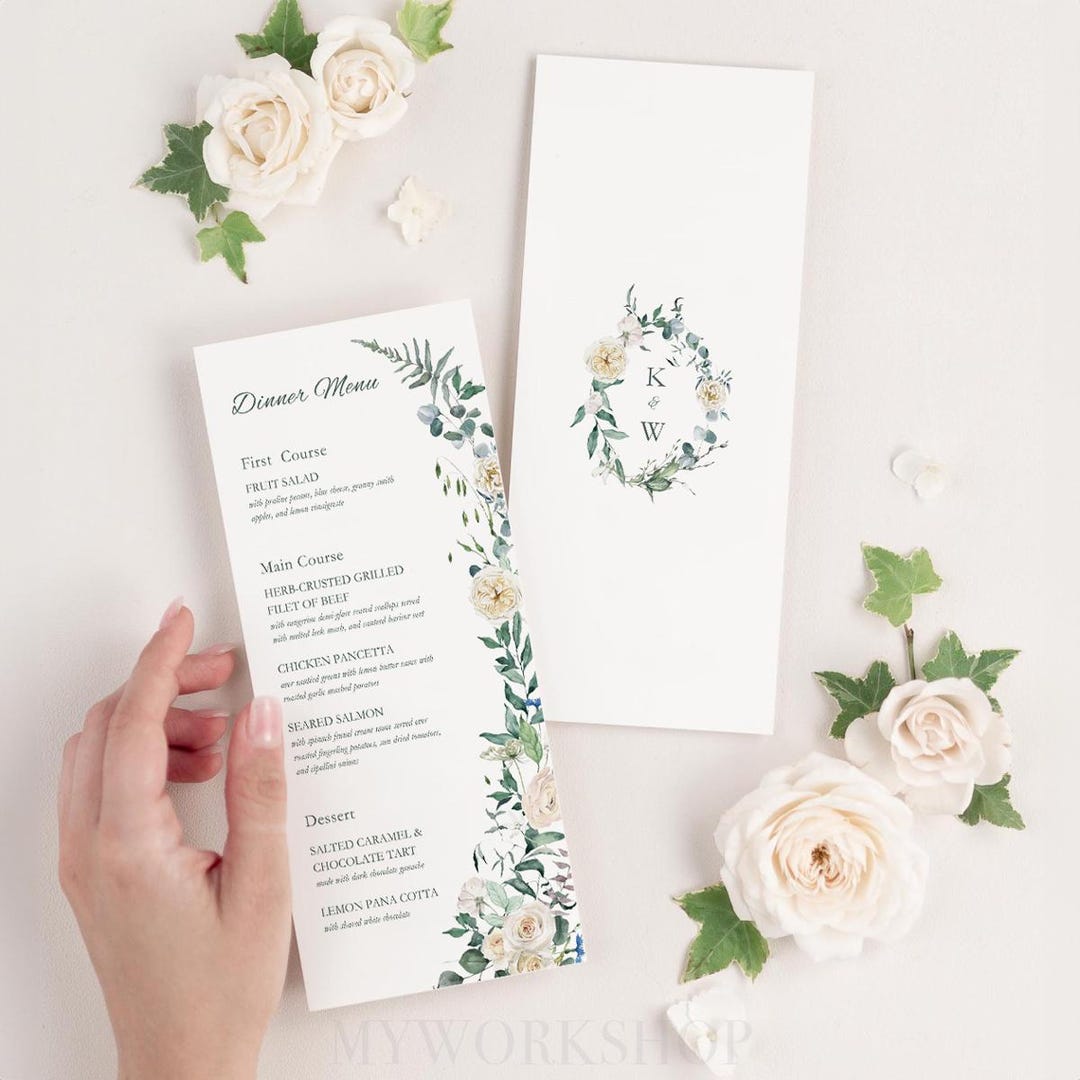 White Flower Wedding Menu Template, Editable Floral Menu, Printable ...