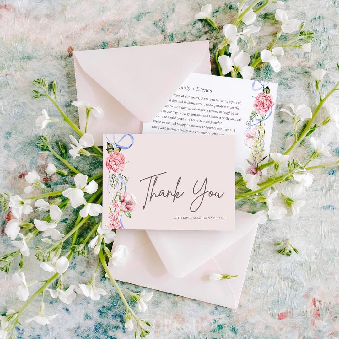 Watercolour Ribbon & Flower Thank You Cards Templates, Bridal Shower ...