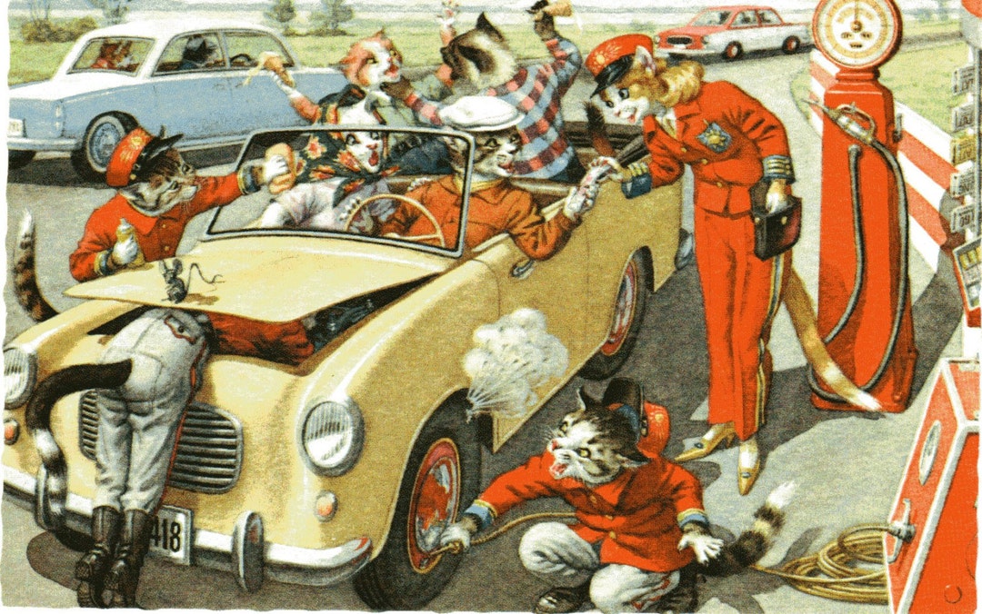 Gas Station Pumping Gas Dressed Cats Postcard Alfred Mainzer ...