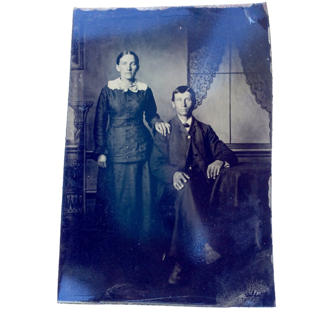 Antique Tin Type Photograph Standing Woman Seated Man Vintage Ferrotype ...