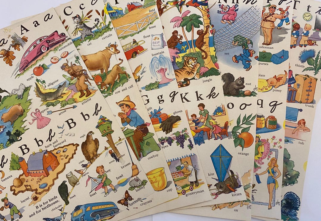 1940s Alphabet Words Pictures Pages From Large Vintage Children's Word ...