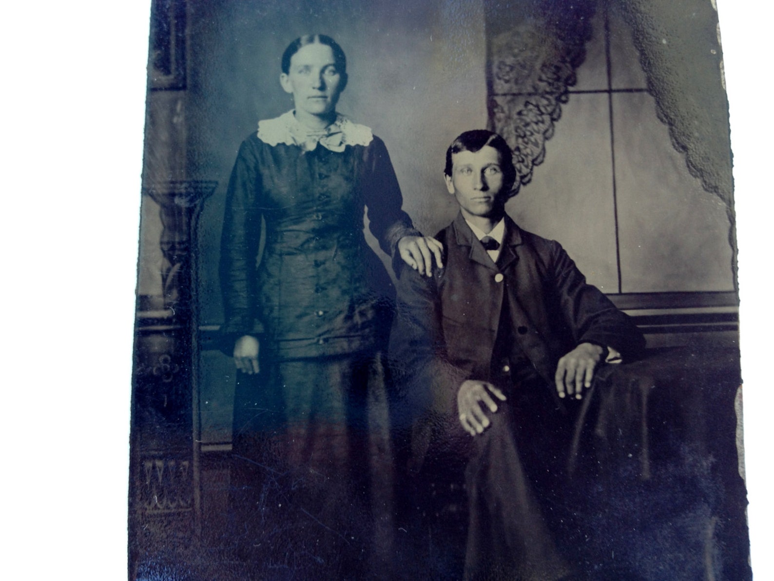 Antique Tin Type Photograph Standing Woman Seated Man Vintage Ferrotype ...