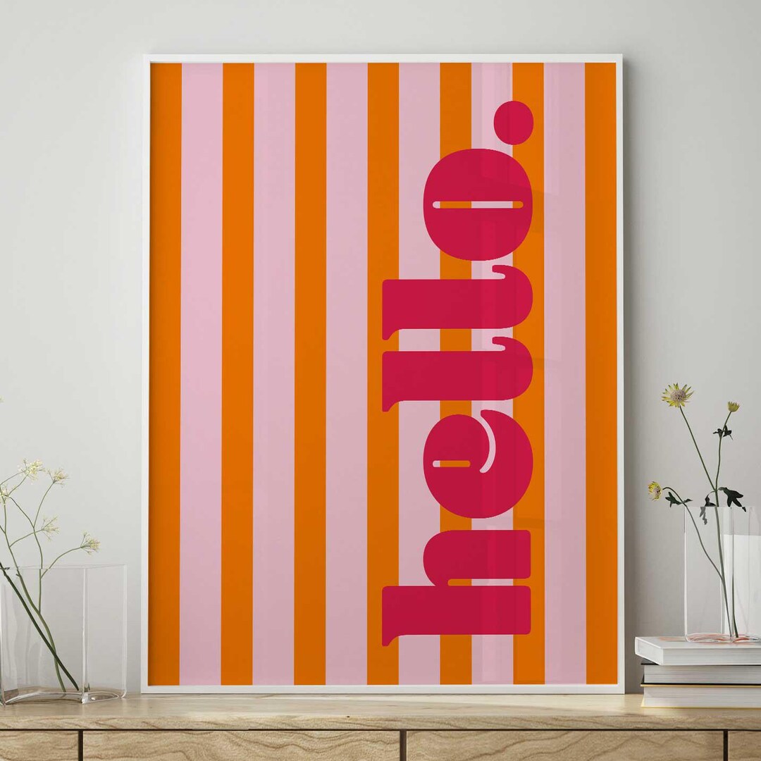 Poster Hello Stripes Pink Orange Print Typography Aestethic Wall Art ...
