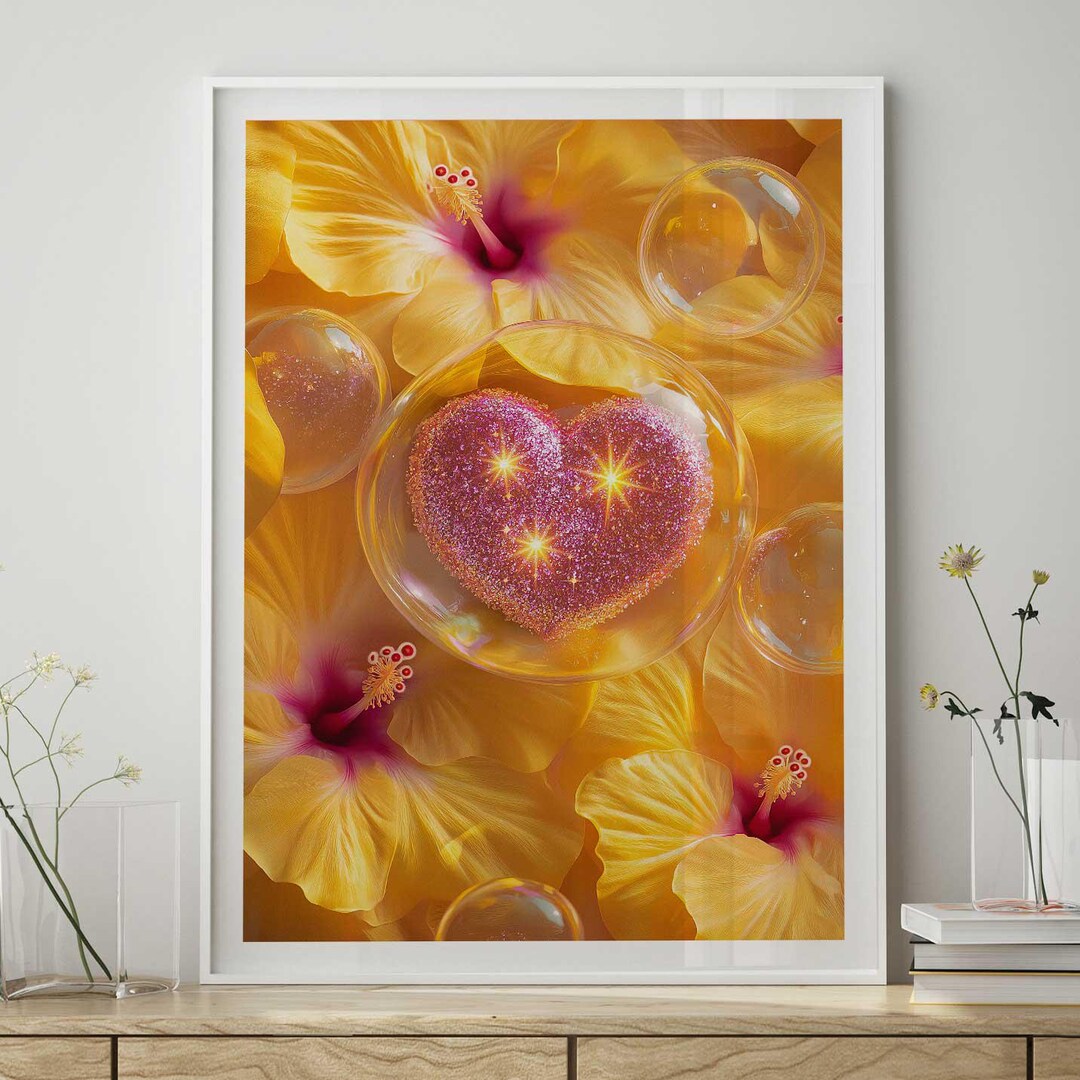 Poster Fragile Love Yellow Wall Art Design Print Heart Love Bubble ...