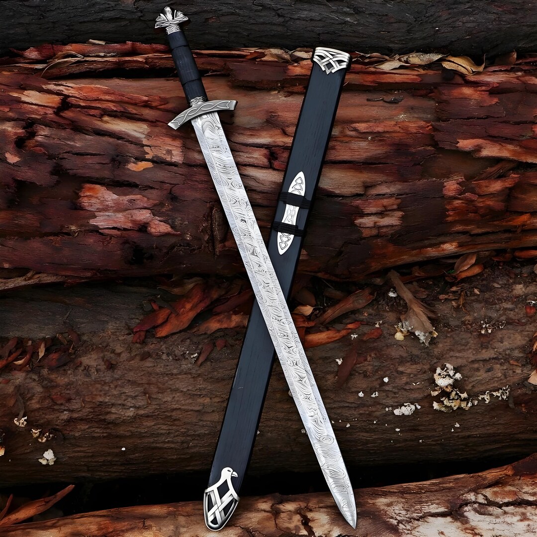 Hand Forged Damascus Steel Sword With Black Scabbard, Northmen Sword ...