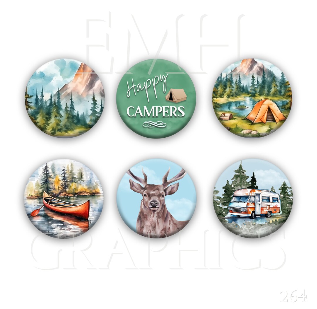 Camp Fridge Magnets, 1.5" Set of Six, RV Campers, Outdoorsman, Happy ...
